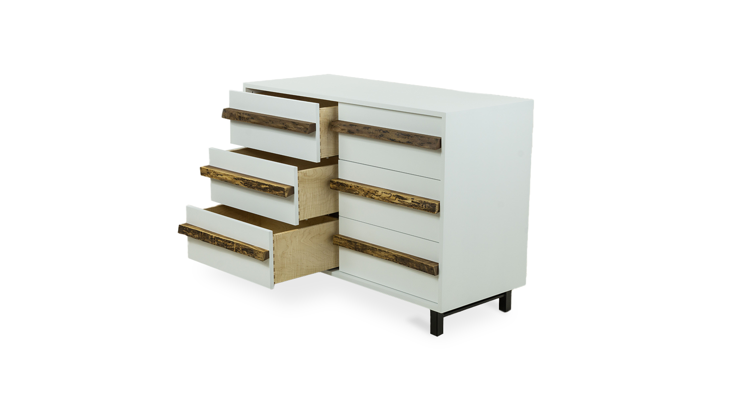 1172 White Dresser with Live Edge Walnut Pulls – Created Hardwood